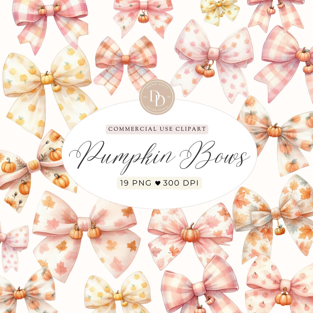 Coquette Pumpkin Clipart Pack, Trendy Fall Design, Pumpkin Bow Clipart ...