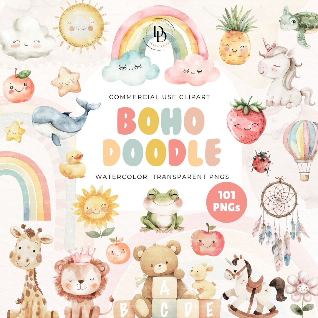 Boho Baby Clipart Bundle, Boho Baby Doodle Clipart, Neutral Baby Shower ...