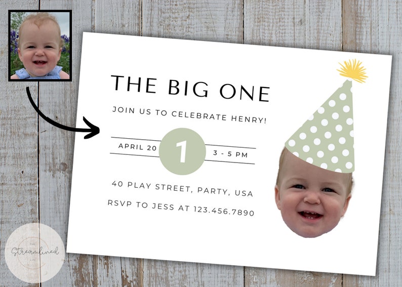 Baby Face Photo First Birthday Invitation: Personalized Party Hat ...