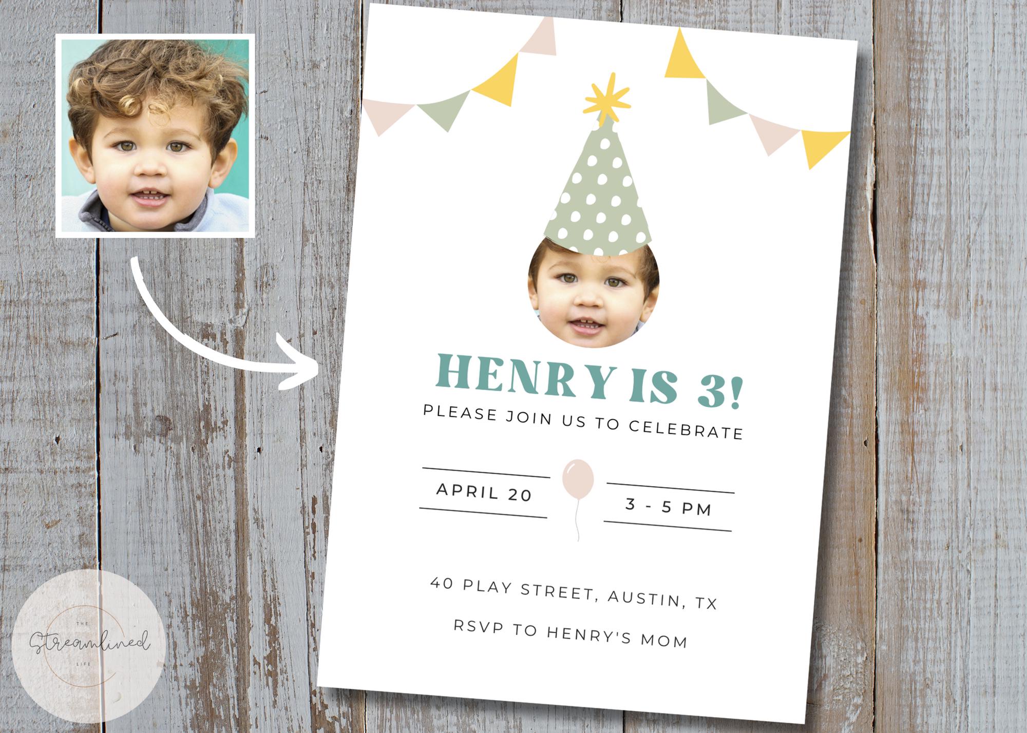 Face Photo Birthday Invitation, Picture Bday Invite, Printable ...