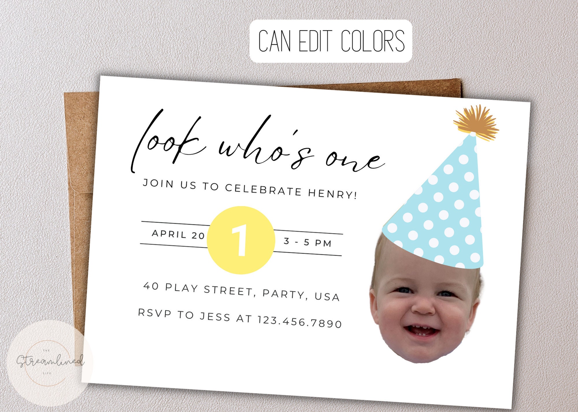 Baby Face Photo First Birthday Invitation: Personalized Party Hat ...