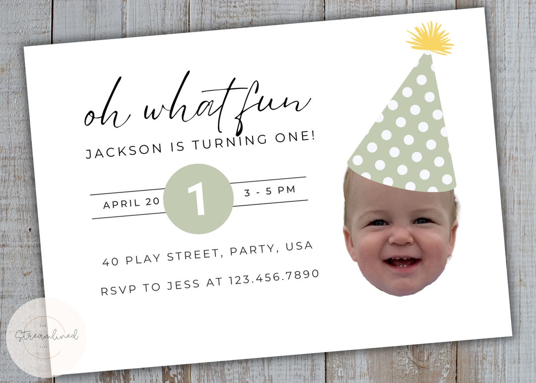 Baby Face Photo First Birthday Invitation: Personalized Party Hat ...