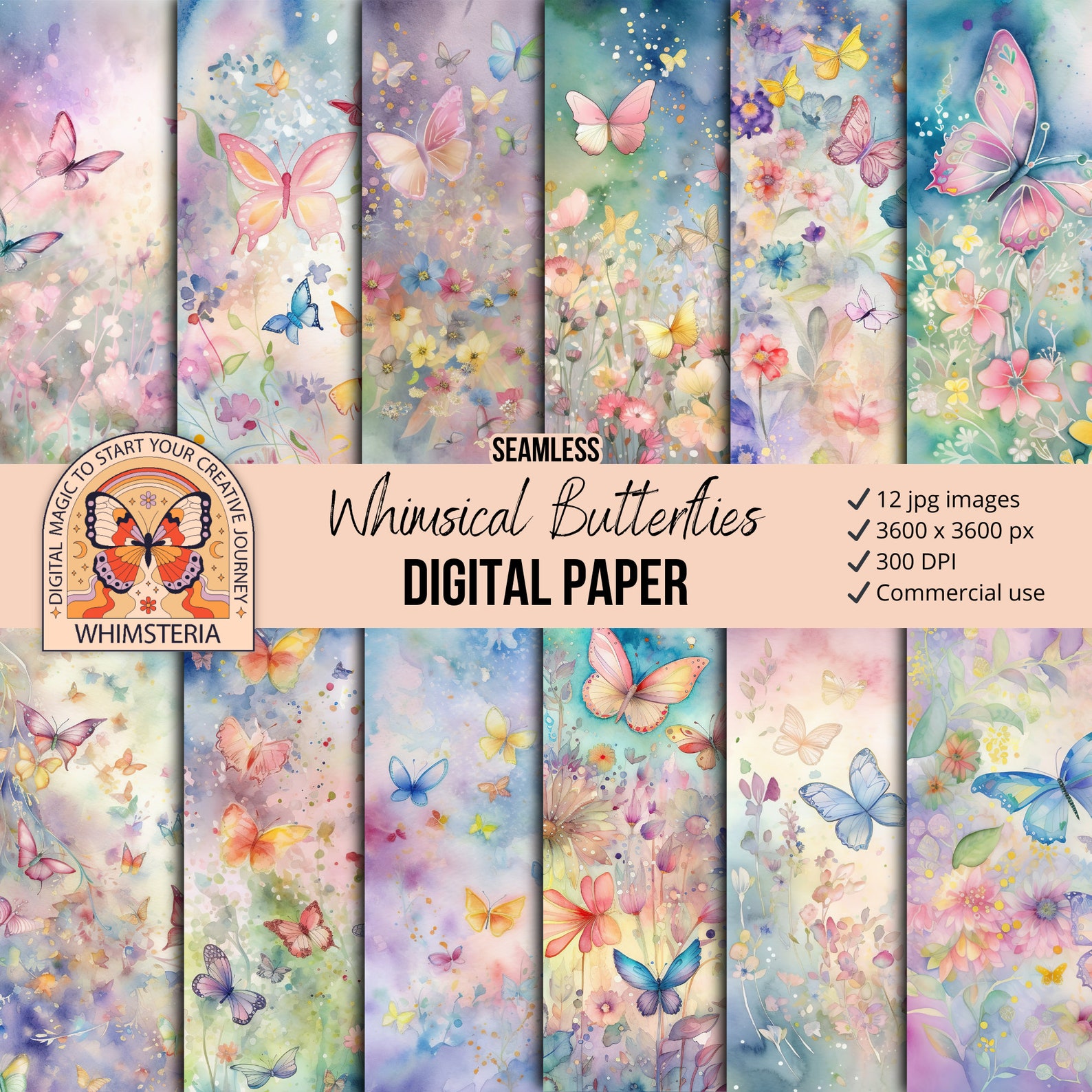 Whimsical Butterflies Digital Paper, Watercolor Butterflies Digital ...