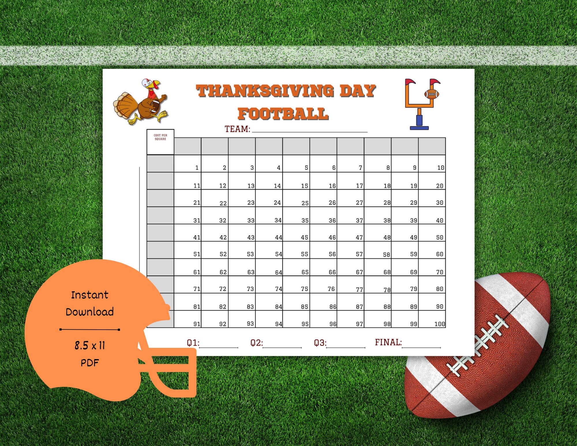 Thanksgiving Football Squares Grid: Printable Game (PDF) - Etsy