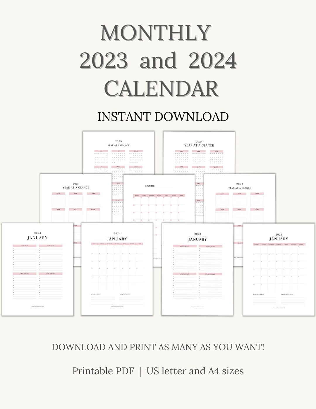 Monthly Calendar, 2024 Calendar, Printable Calendar, Instant Download ...