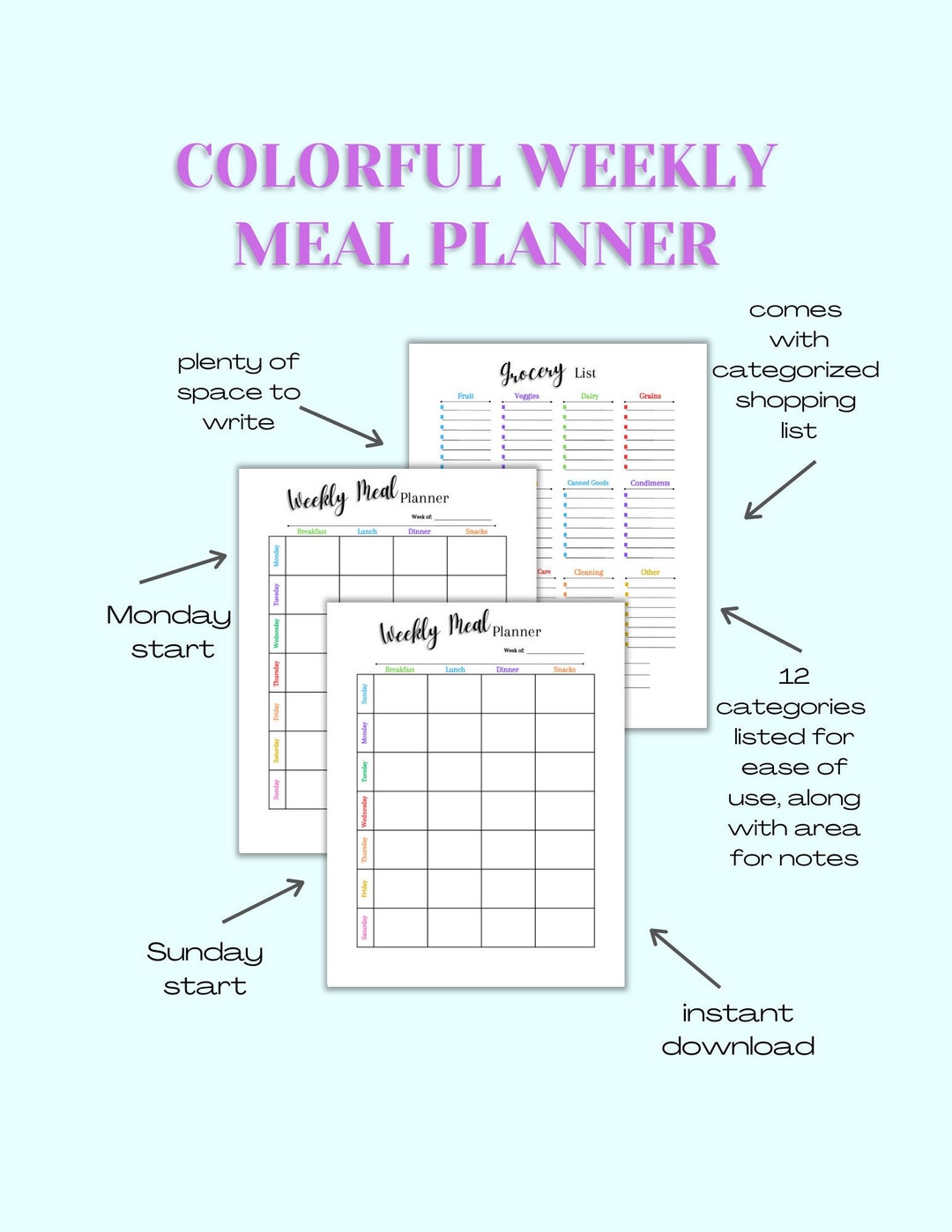 Colorful Weekly Meal Planner Printable: Grocery List (digital Download ...