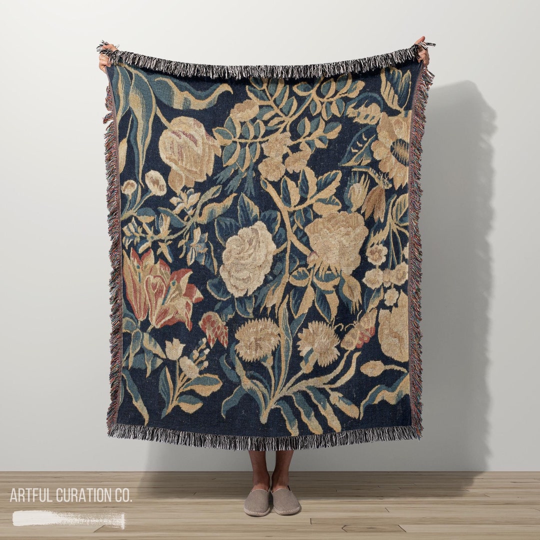 Navy Floral Tapestry Woven Jacquard Tapestry Throw | Floral Tapestry ...