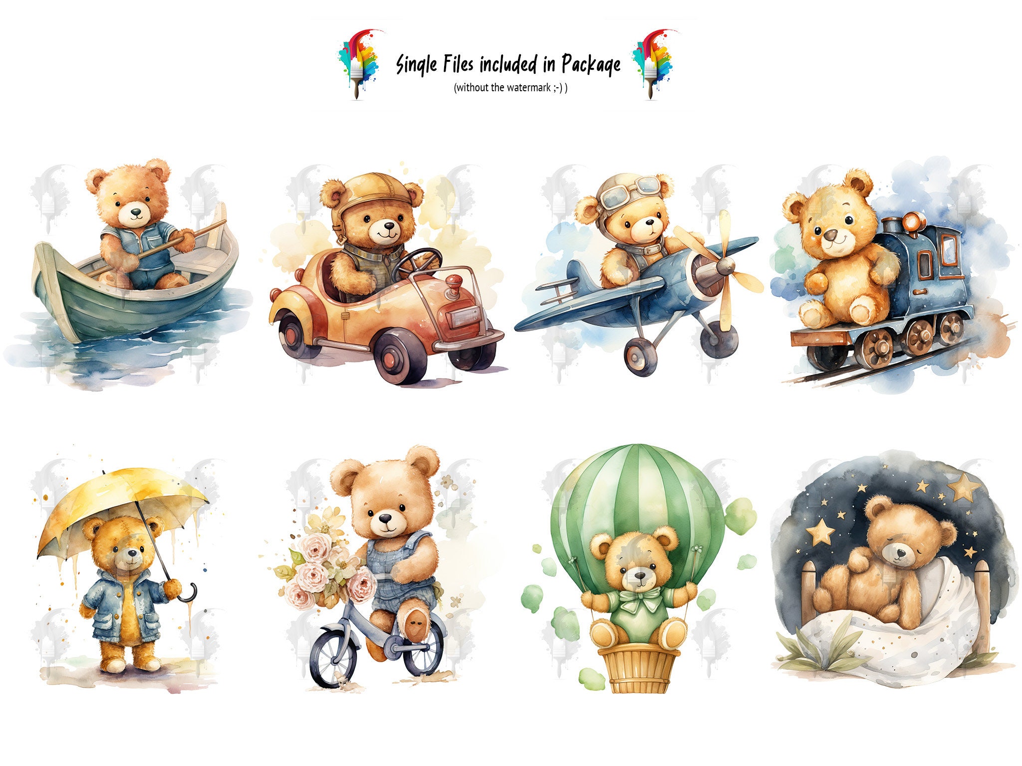 Watercolor Teddy Bear Clipart Bundle, Baby Clipart, Baby Shower ...
