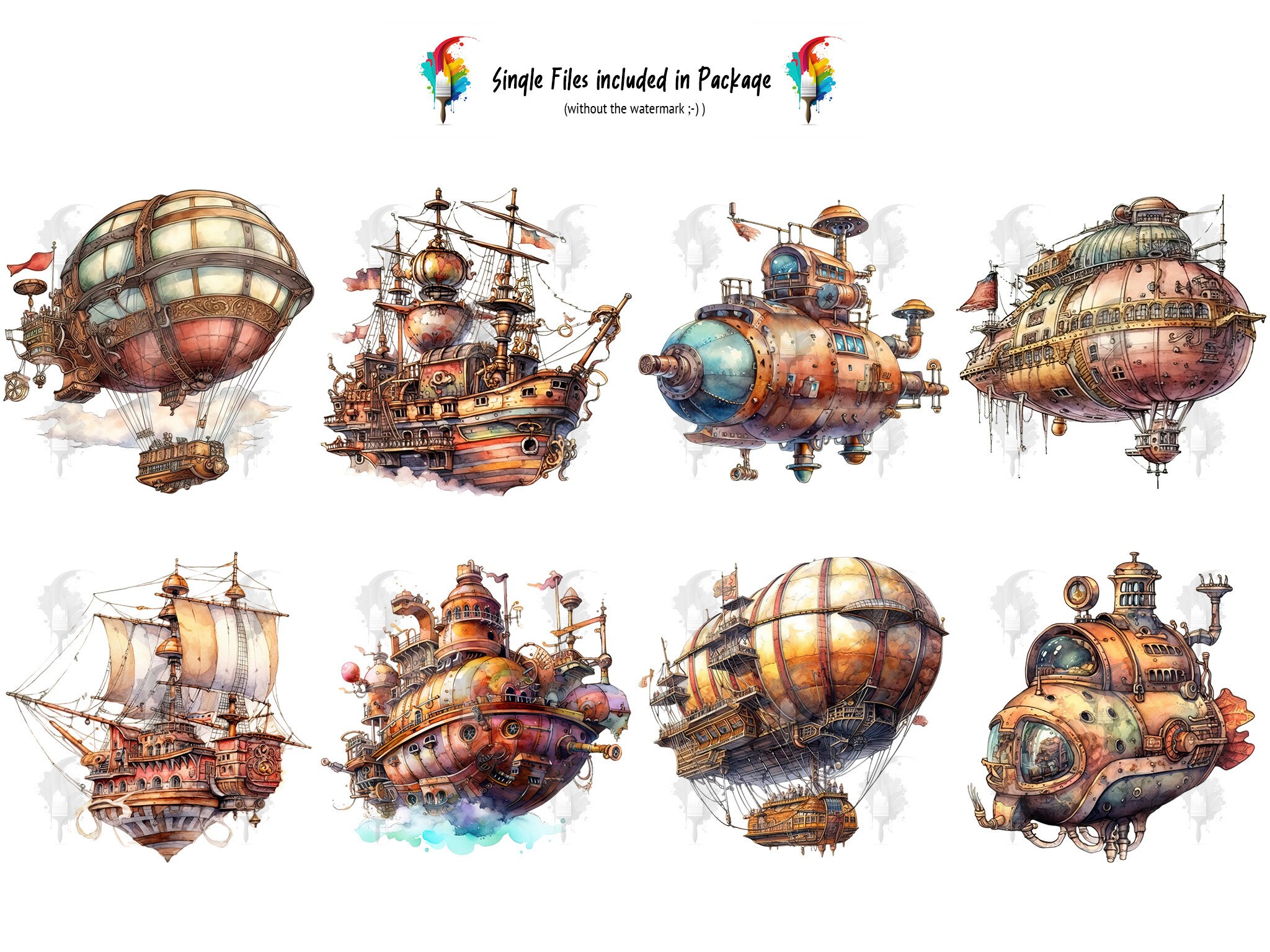 16 Steampunk Water and Air Vehicles Clipart Bundle, Watercolor ...