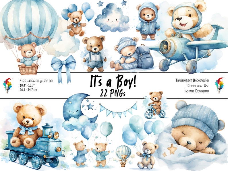 22 Watercolor Teddy Bear Clipart Bundle, Baby Boy Clipart, Baby Shower, Nursery Design, Cute ...