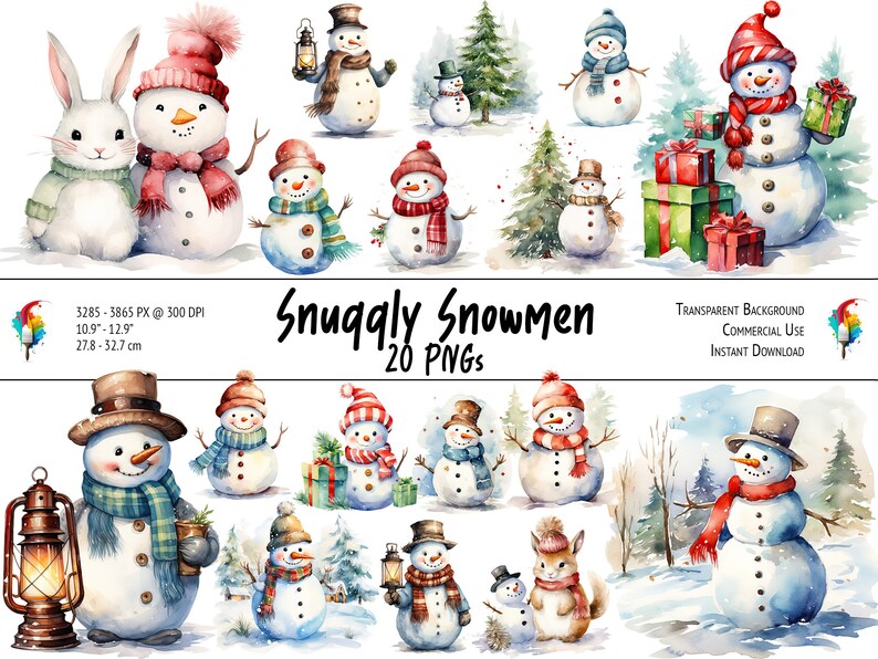 Cute Snowmen Clipart Bundle, Watercolor Snowman Graphics for Printing ...