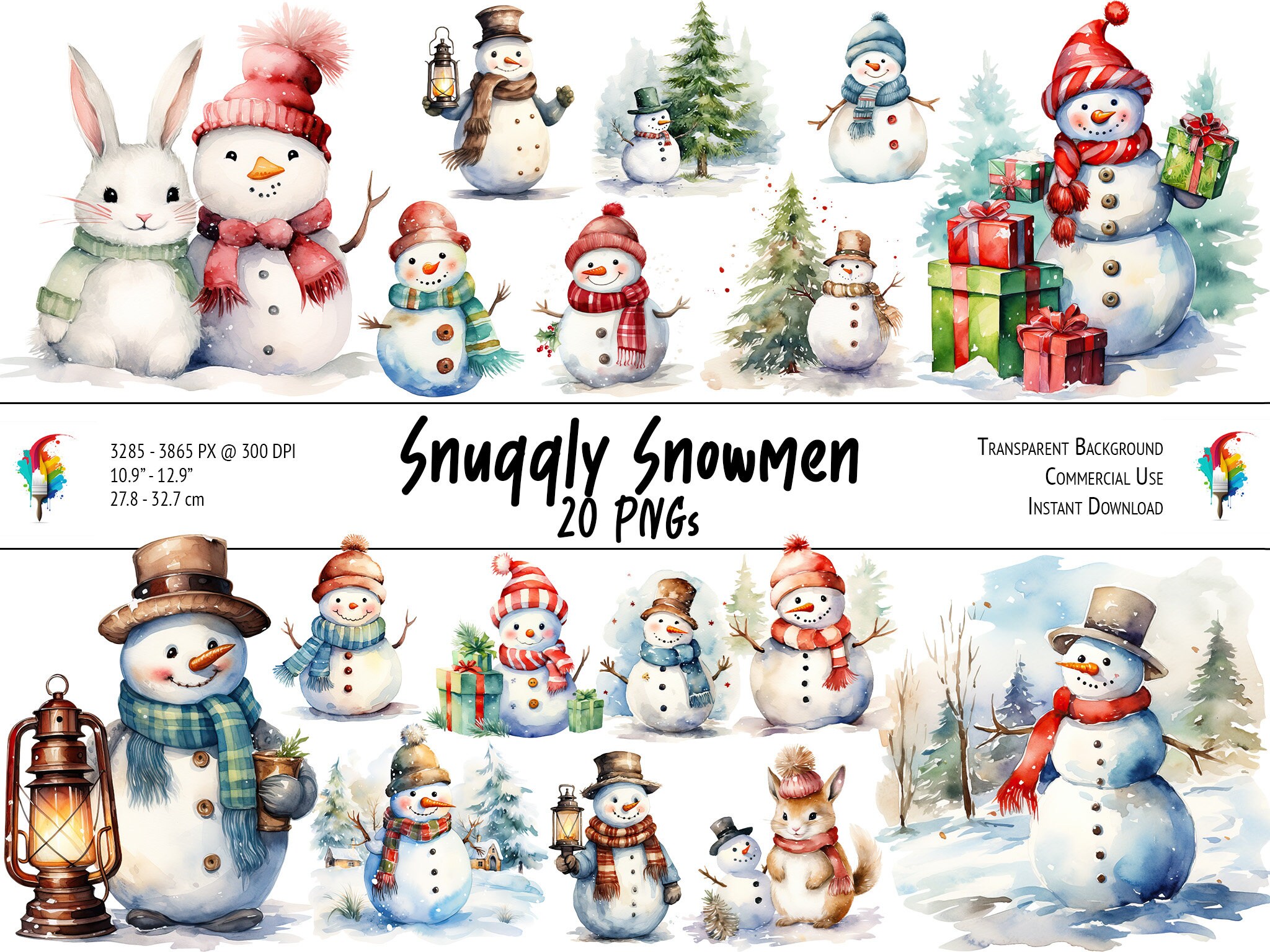Cute Snowmen Clipart Bundle, Watercolor Snowman Graphics for Printing ...