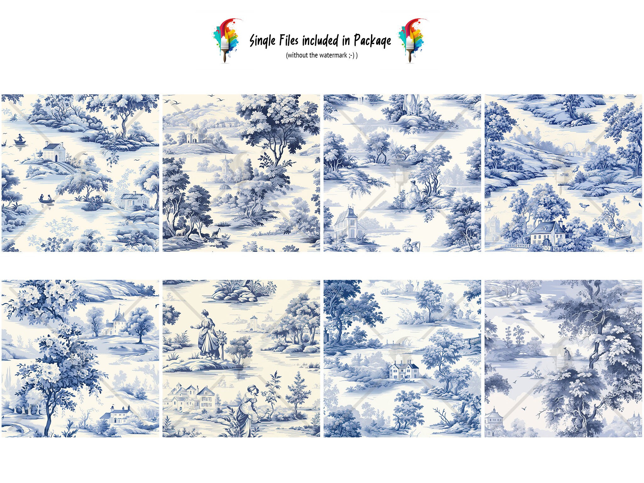 Seamless Toile De Jouy Digital Paper Bundle, Blue Toile Pattern for ...