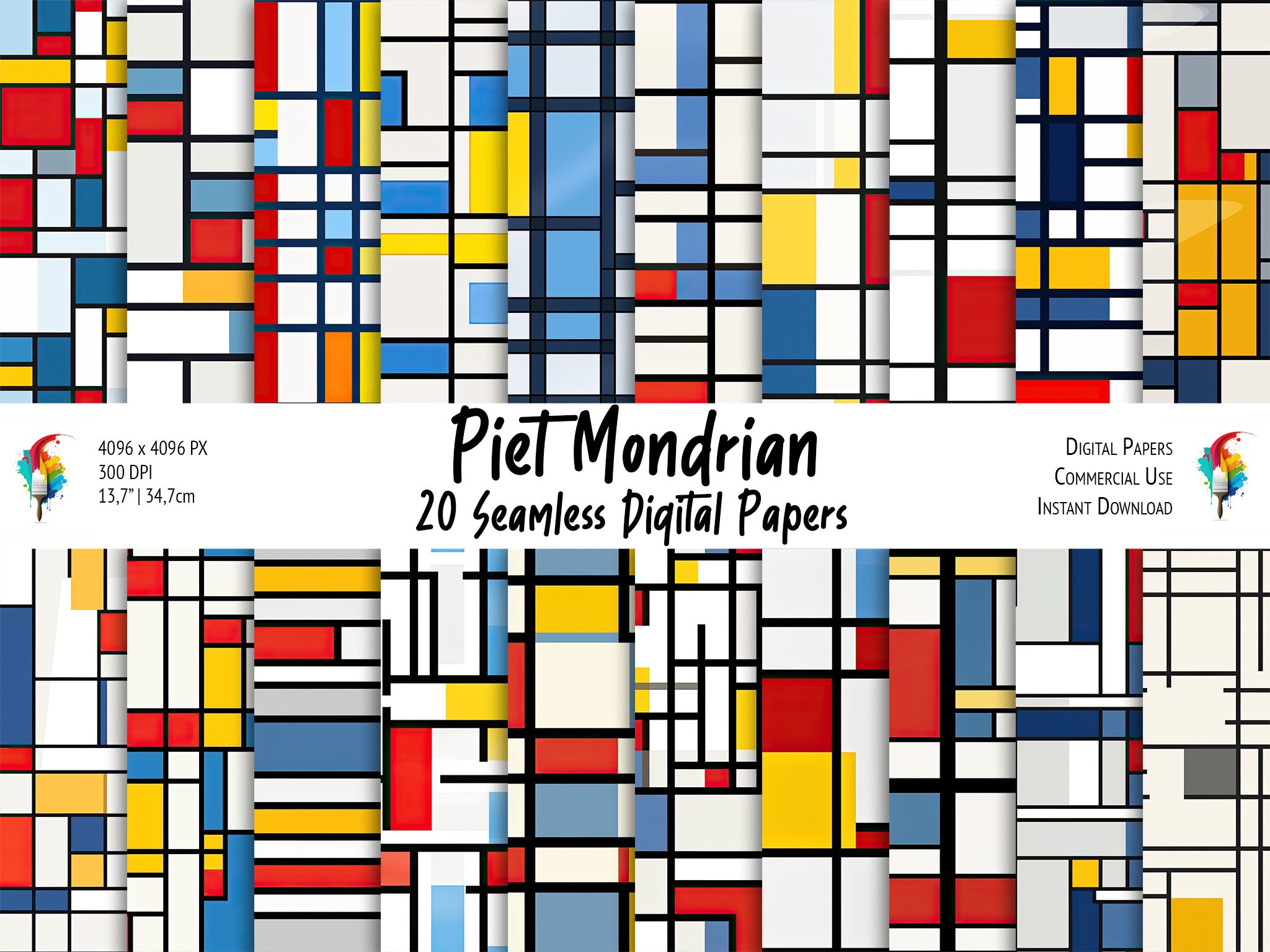 Piet Mondrian Digital Paper Bundle, Seamless Patterns in the Style of ...
