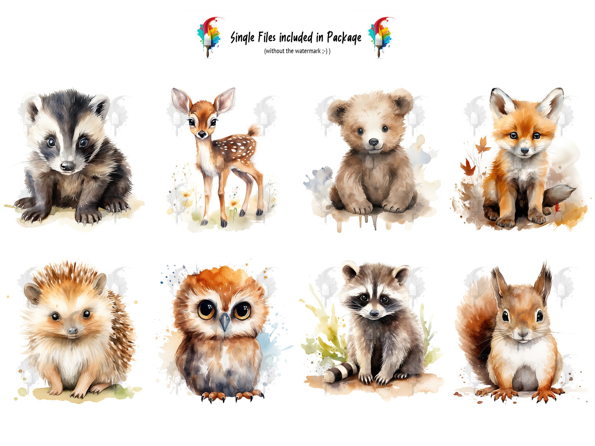 Baby Woodland Animals Clipart Bundle, Watercolor PNG Bundle, Nursery ...