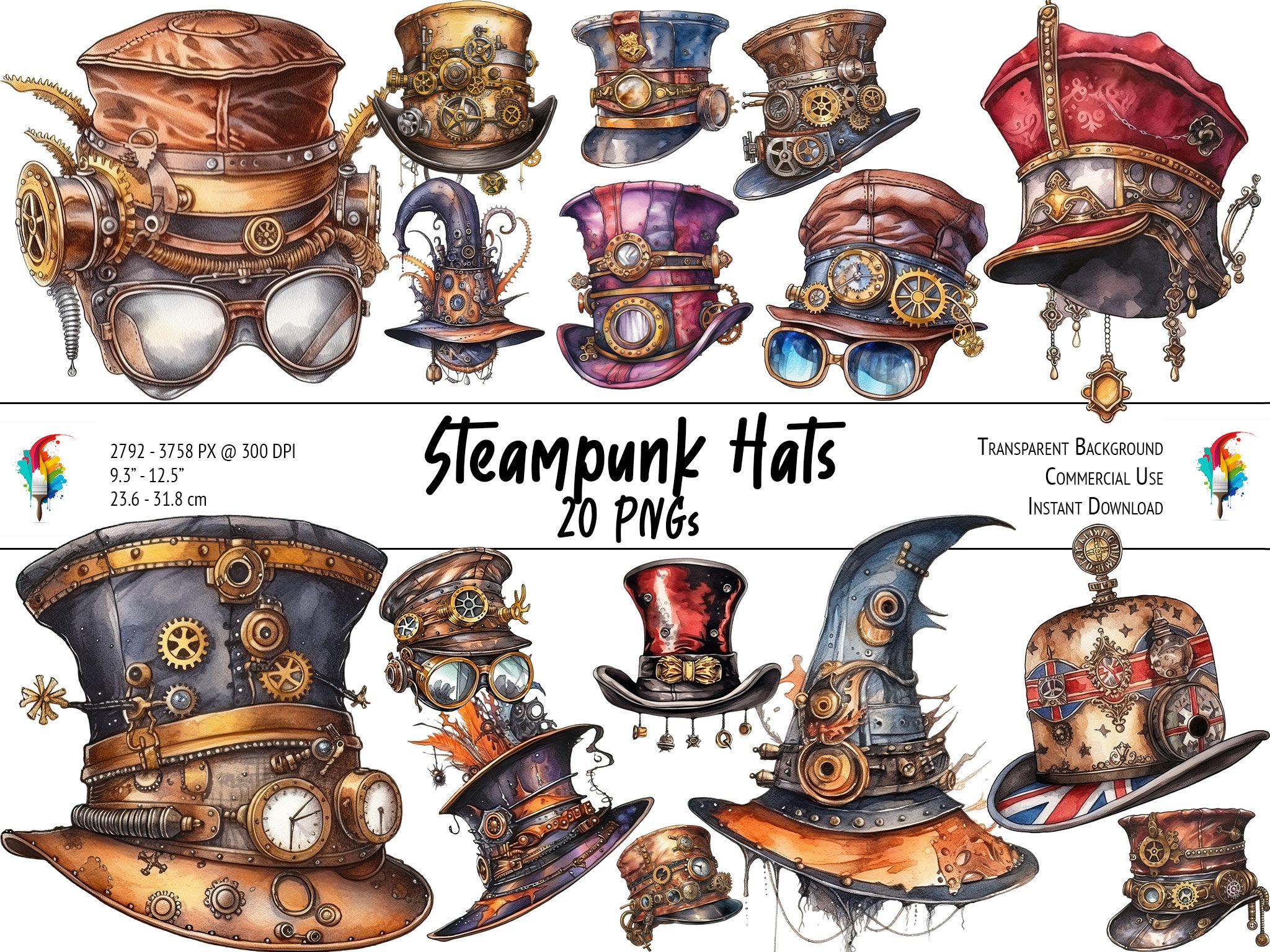 20 Watercolor Steampunk Hats Clipart Bundle, Fantasy Graphics Bundle ...