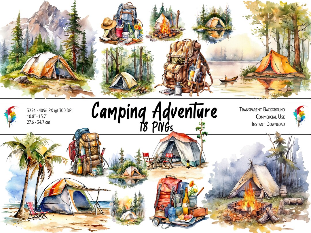 18 Camping Adventure Cliparts, Watercolor Camping Clipart Bundle ...