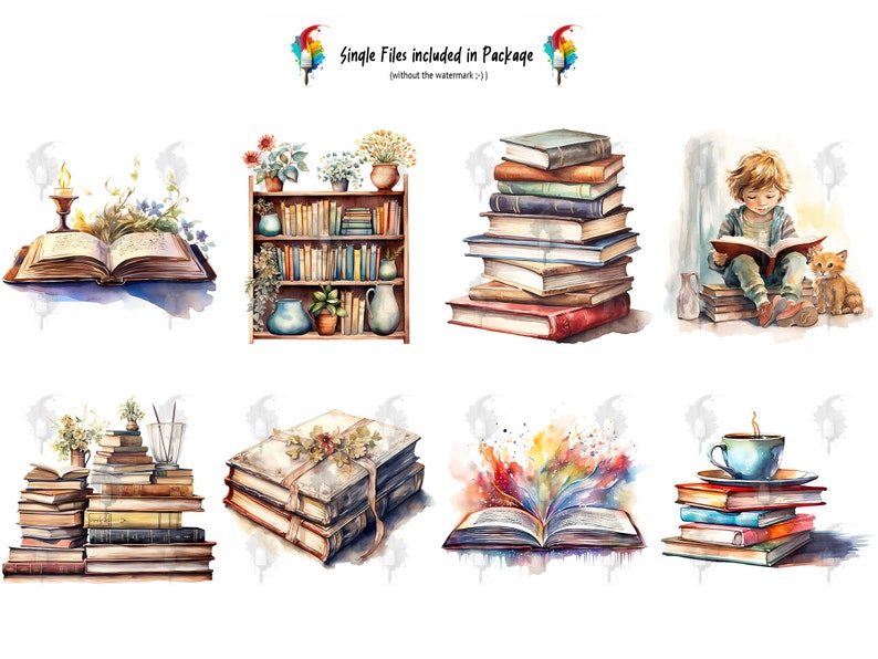 Watercolor Books Clipart Bundle, Book Lover and Reading Designs for ...