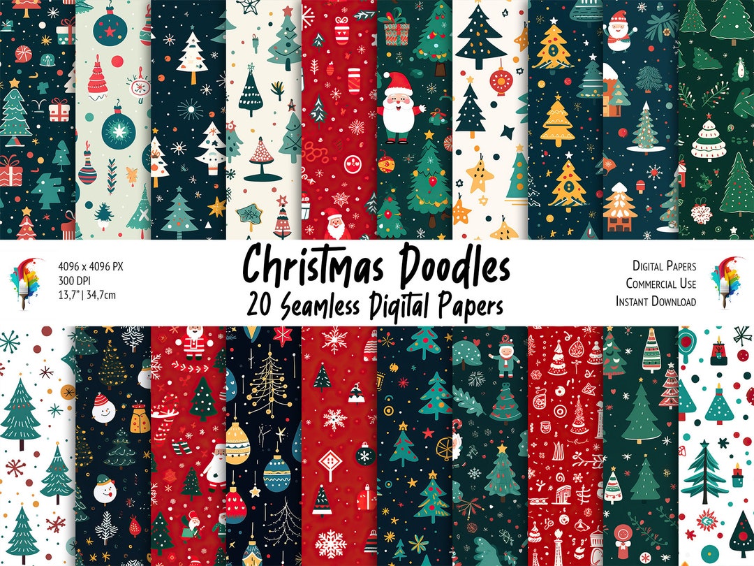 Seamless Christmas Doodle Patterns, Christmas Digital Paper for ...