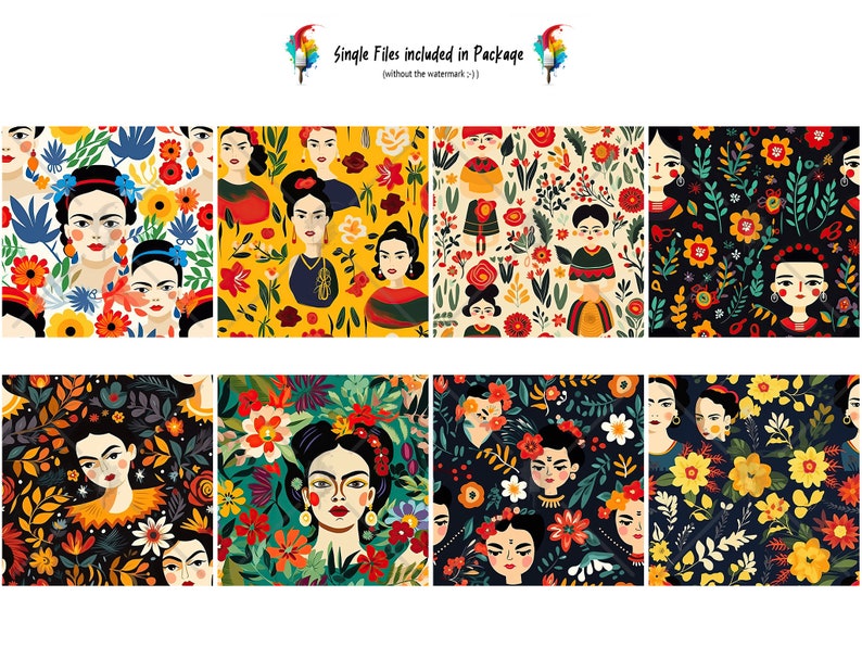 Frida Kahlo Digital Paper Bundle, Seamless Patterns in the Style of ...