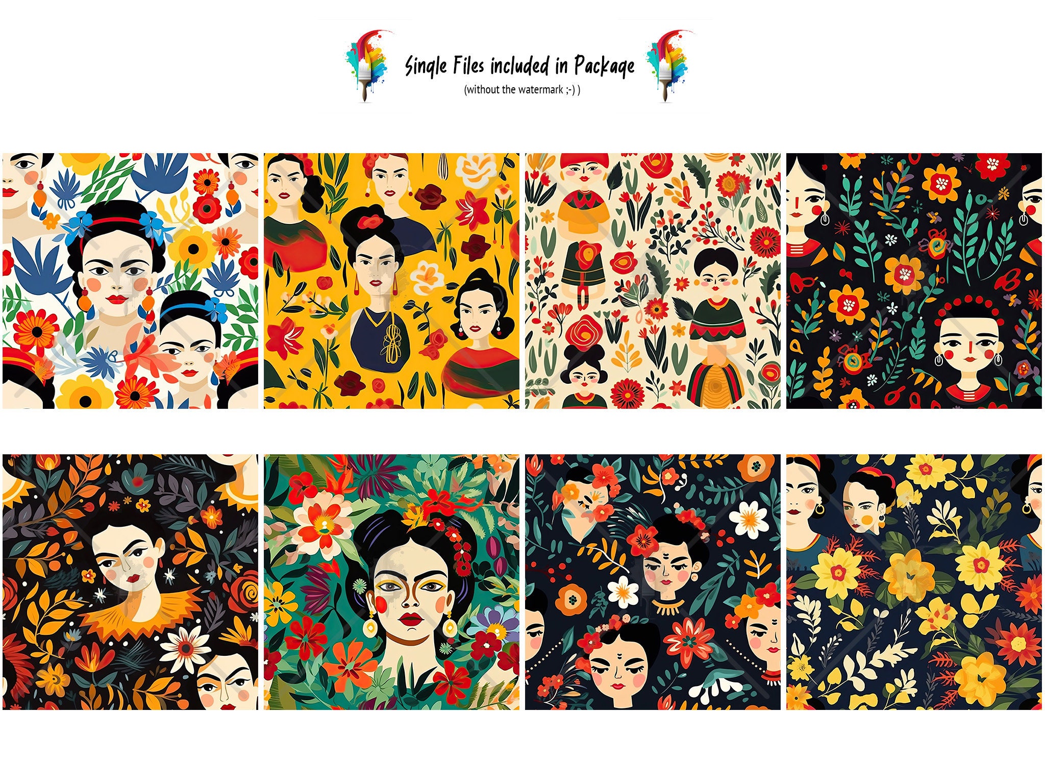 Frida Kahlo Digital Paper Bundle, Seamless Patterns in the Style of ...