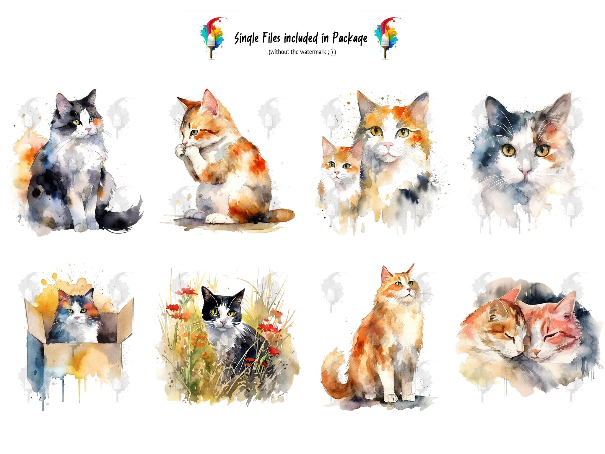 Whimsical Cats 30 Watercolor Cat Cliparts Bundle, Feline Clipart ...