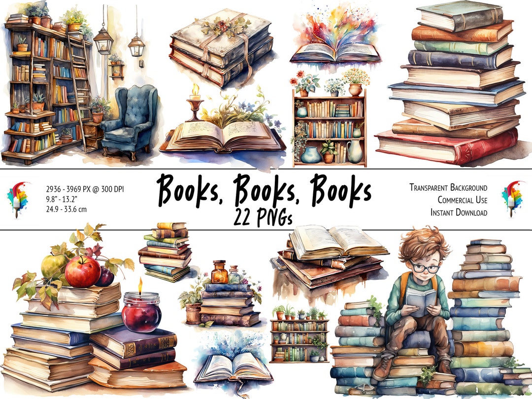 Watercolor Books Clipart Bundle, Book Lover and Reading Designs for ...
