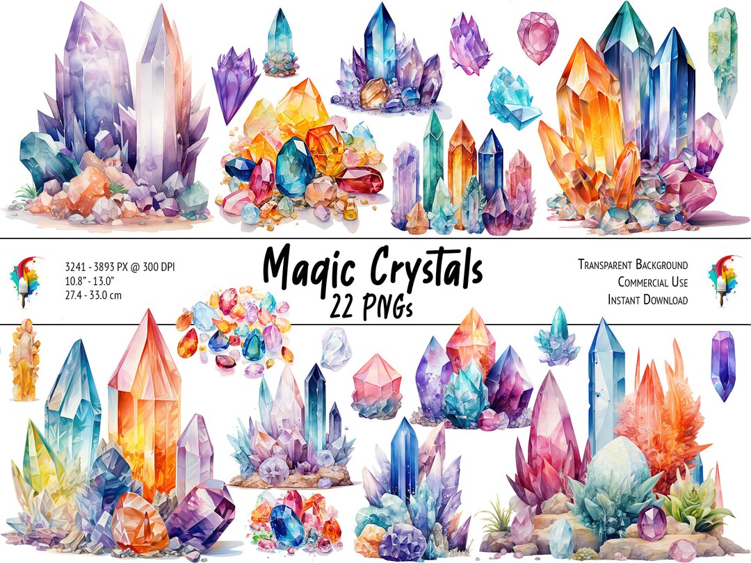 Magic Crystal Clusters: Watercolor Clipart Bundle - PNG With ...