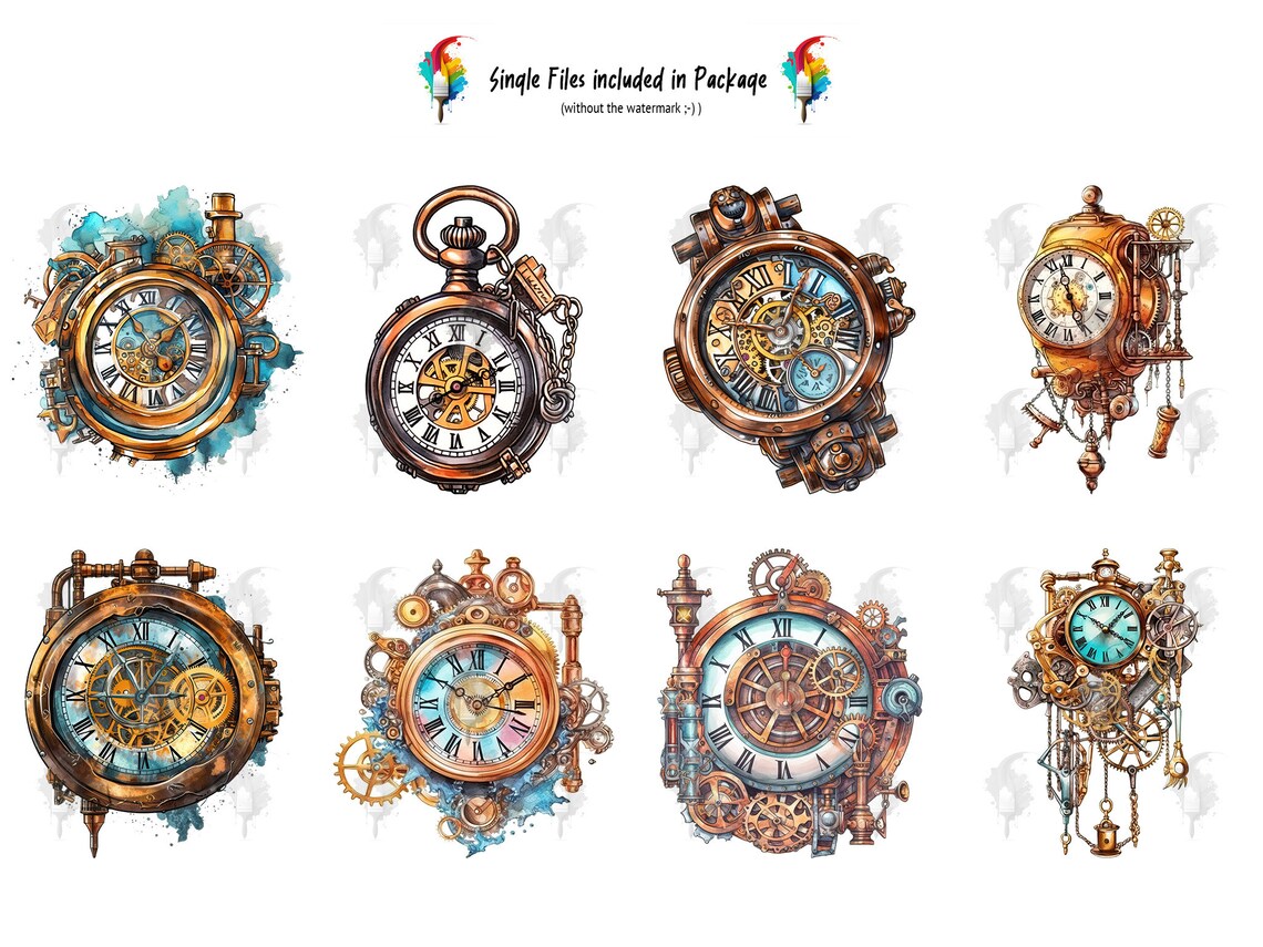 Watercolor Steampunk Clocks & Watches Clipart Bundle, Steampunk Fantasy PNG Graphics Bundle for ...
