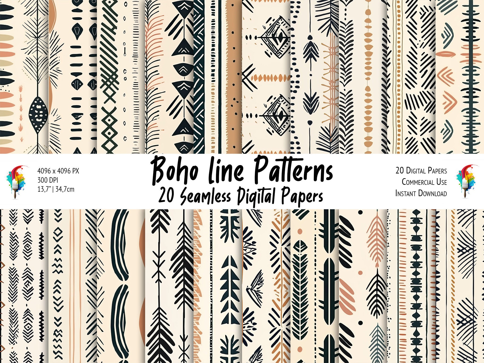 20 Boho Digital Papers, Seamless Boho Line Patterns, Scrapbook Paper ...