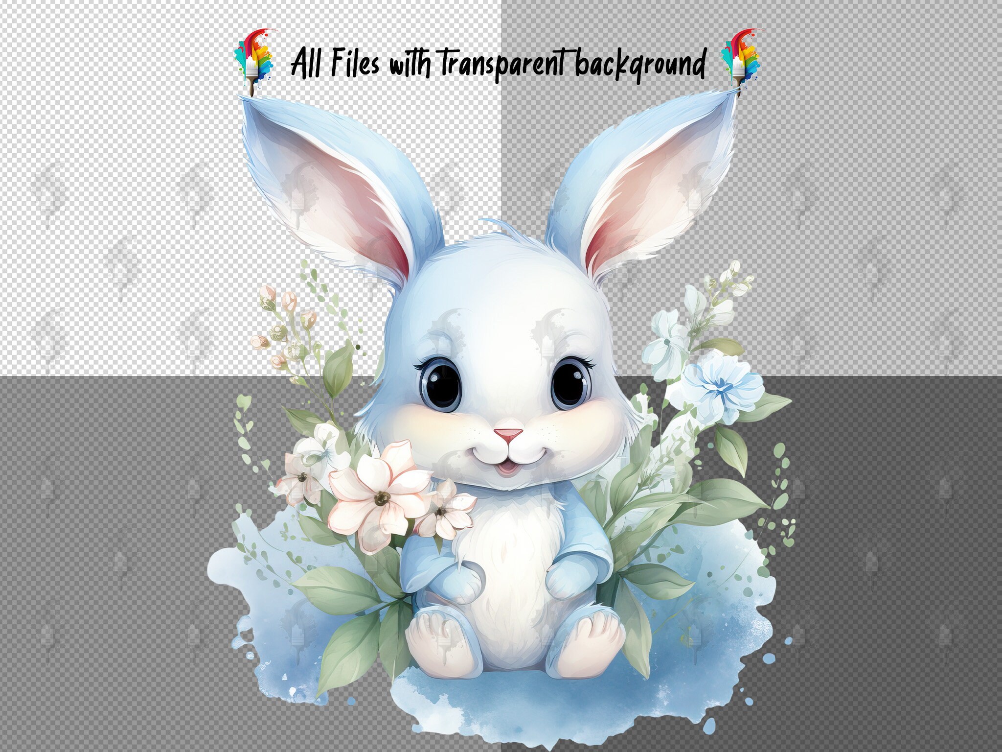 Watercolor Cute Bunnies Clipart Bundle, Baby Boy Rabbit Clipart, Baby ...