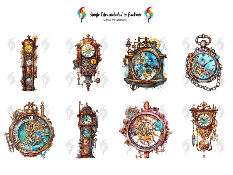 Watercolor Steampunk Clocks & Watches Clipart Bundle, Steampunk Fantasy ...