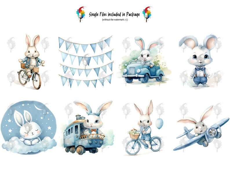 Watercolor Cute Bunnies Clipart Bundle, Baby Boy Rabbit Clipart, Baby ...