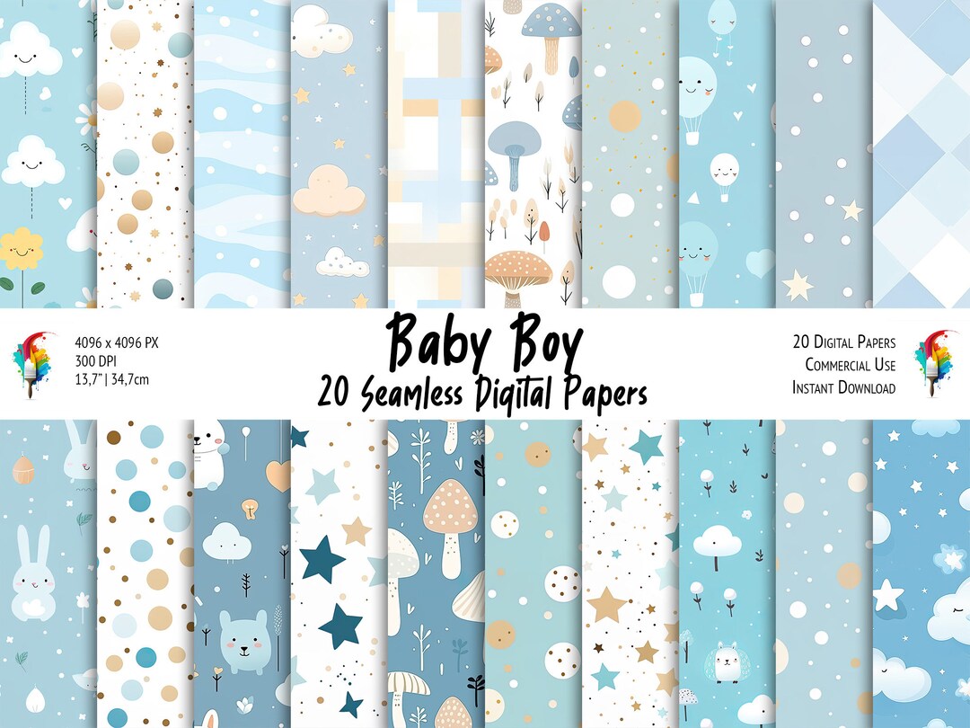 20 Baby Boy Digital Papers Bundle, Seamless Nursery Pattern, Baby Boy ...
