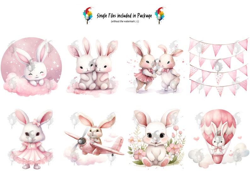 Watercolor Cute Bunnies Clipart Bundle, Baby Girl Rabbit Clipart, Baby ...