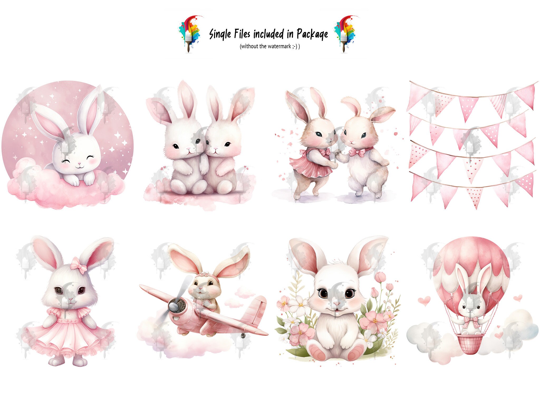 Watercolor Cute Bunnies Clipart Bundle, Baby Girl Rabbit Clipart, Baby ...