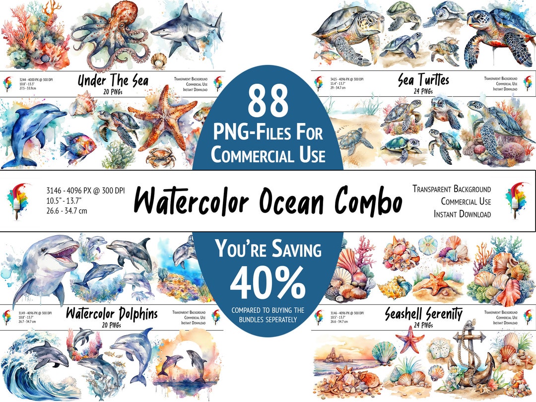 Watercolor Ocean Combo Deal - 4 Ocean and Underwater Clipart Bundles ...