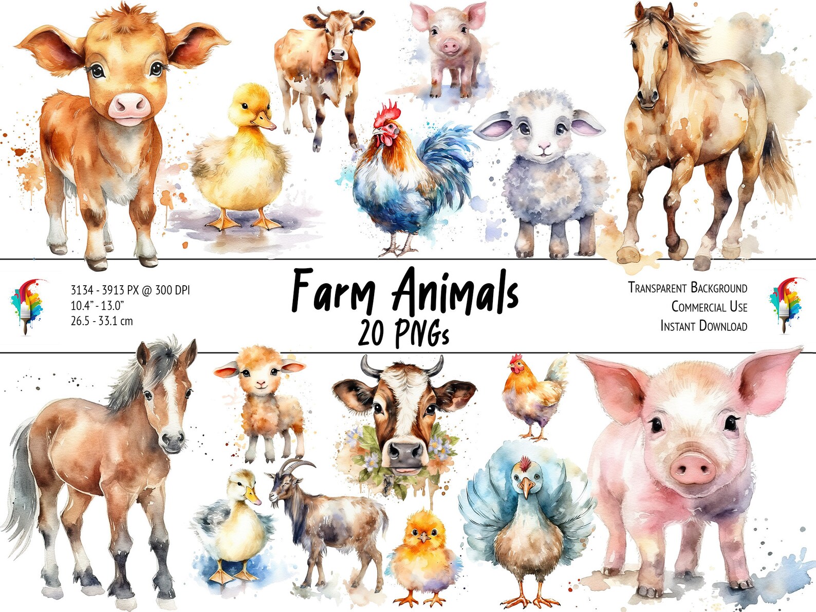 20 Farm Animals Clipart Bundle, Watercolor Clipart Bundle, Cute Animals ...