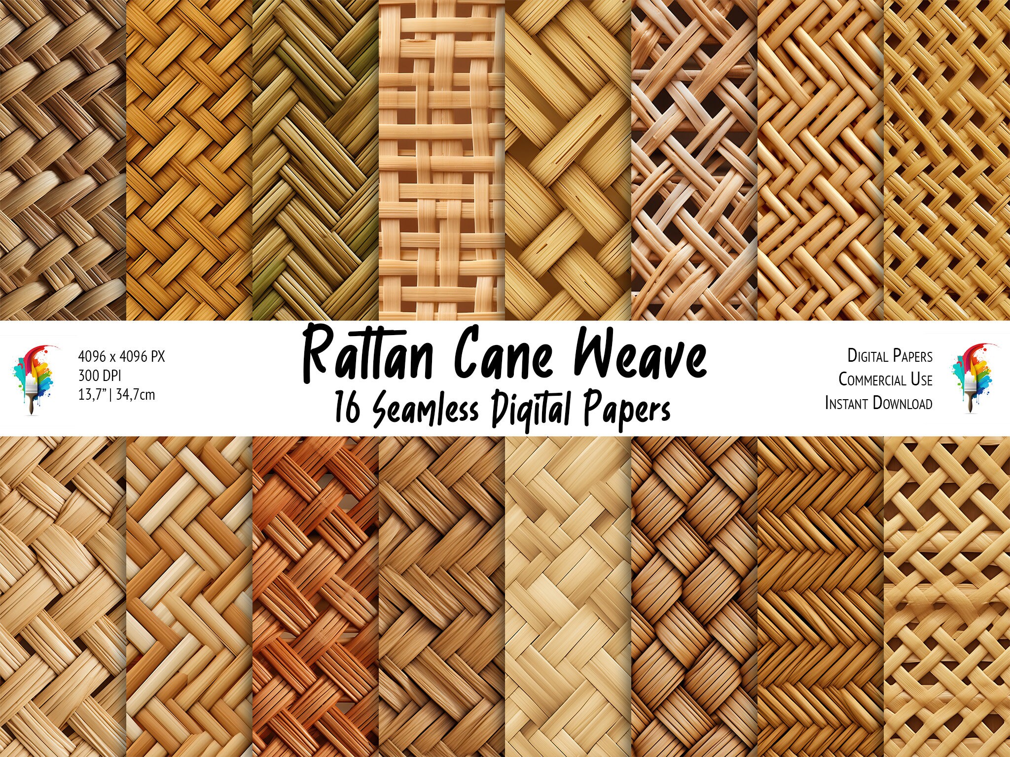 Seamless Rattan Cane Weave Digital Paper Bundle, Wicker Weave Seamless ...