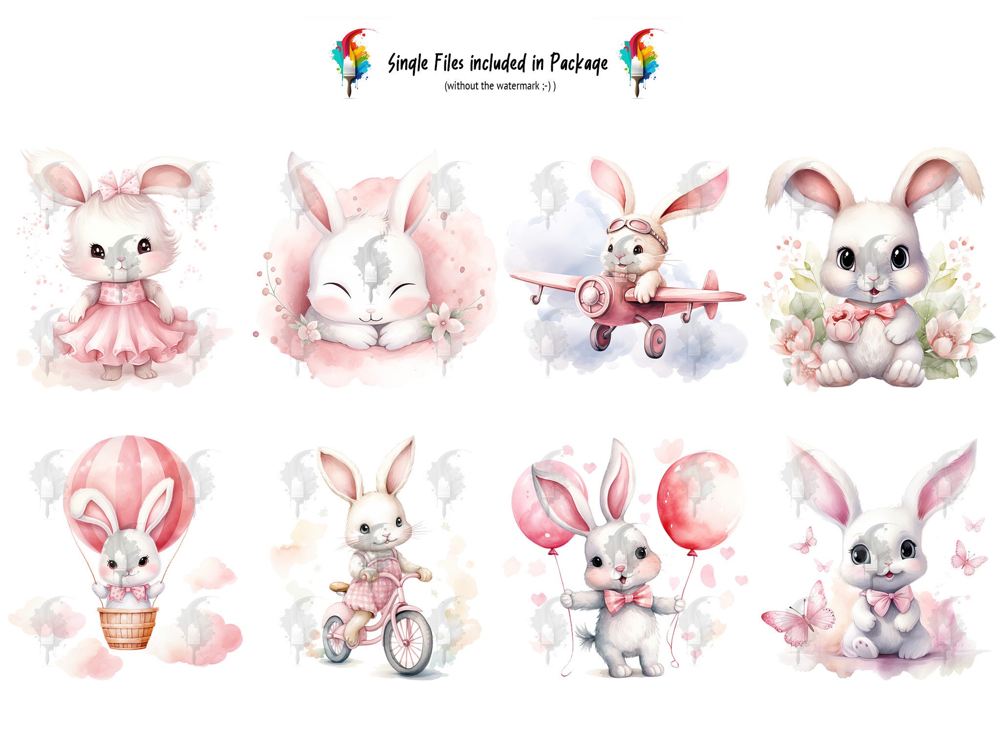 Watercolor Cute Bunnies Clipart Bundle, Baby Girl Rabbit Clipart, Baby ...