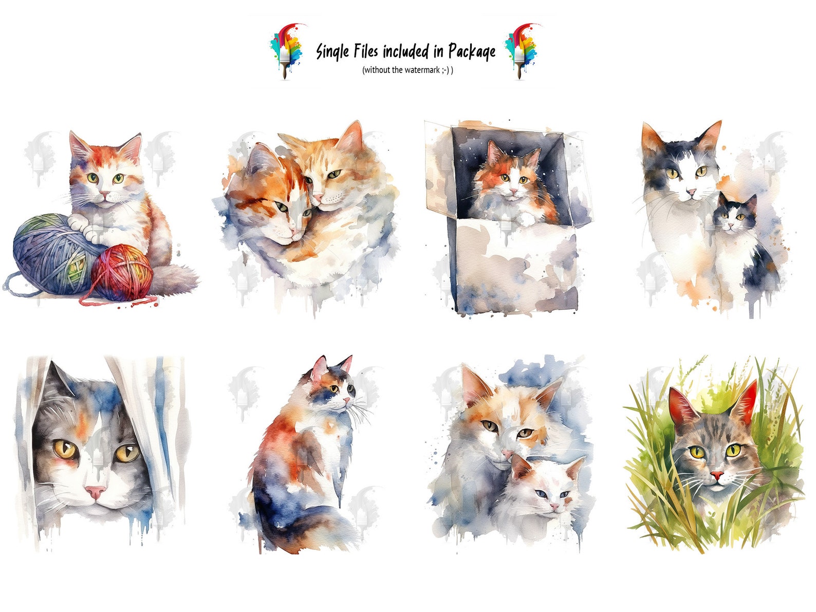 Whimsical Cats 30 Watercolor Cat Cliparts Bundle, Feline Clipart ...