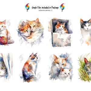 Whimsical Cats - 30 Watercolor Cat Cliparts Bundle, Feline Clipart ...