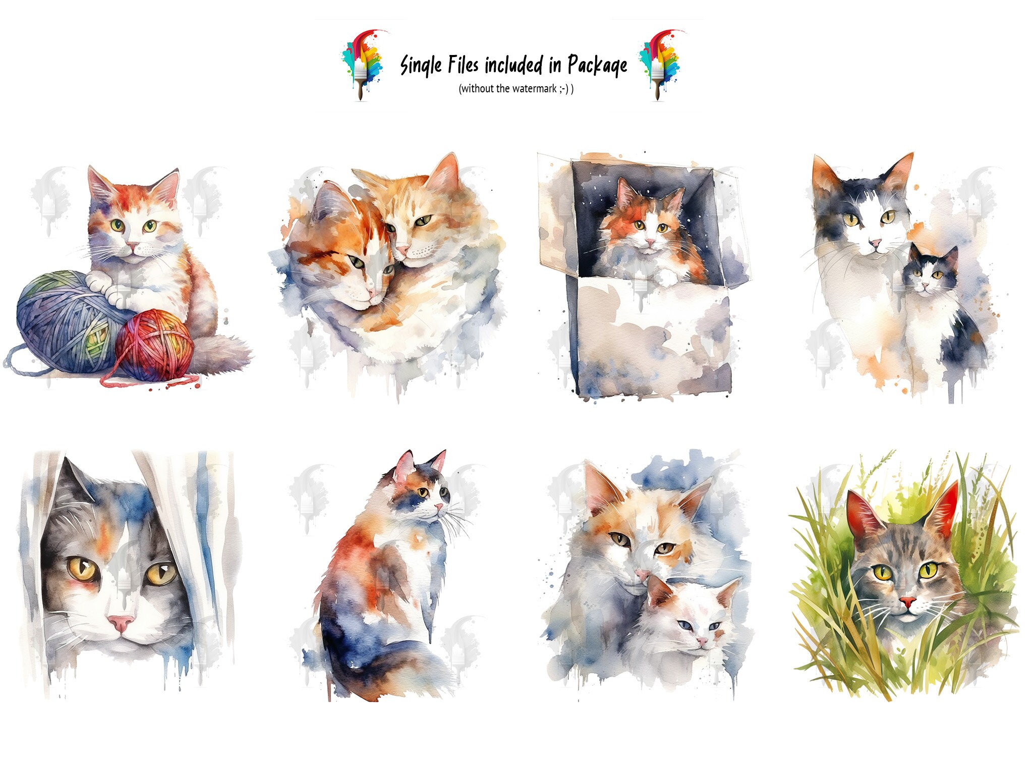 Whimsical Cats 30 Watercolor Cat Cliparts Bundle, Feline Clipart ...