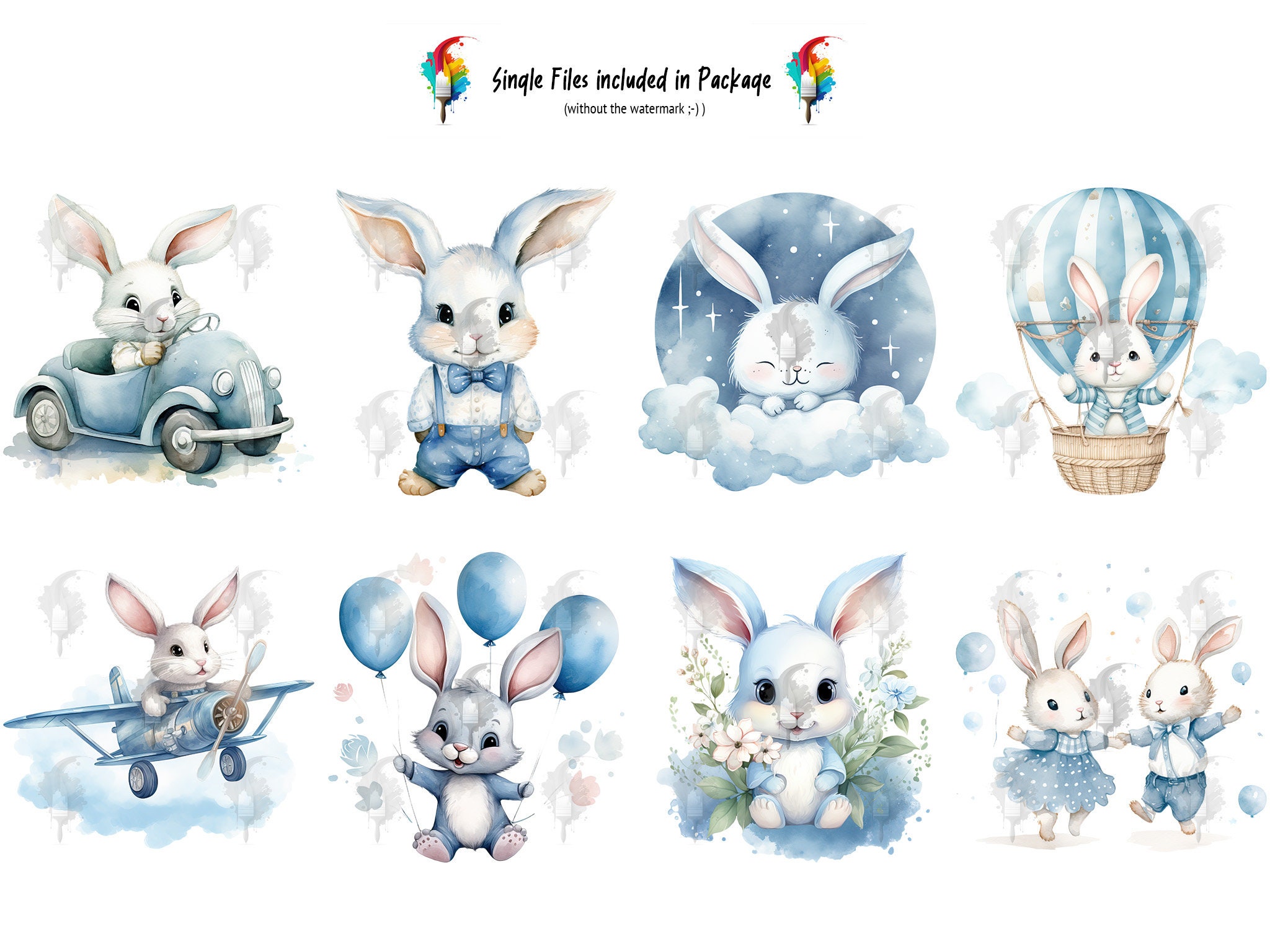 Watercolor Cute Bunnies Clipart Bundle, Baby Boy Rabbit Clipart, Baby ...