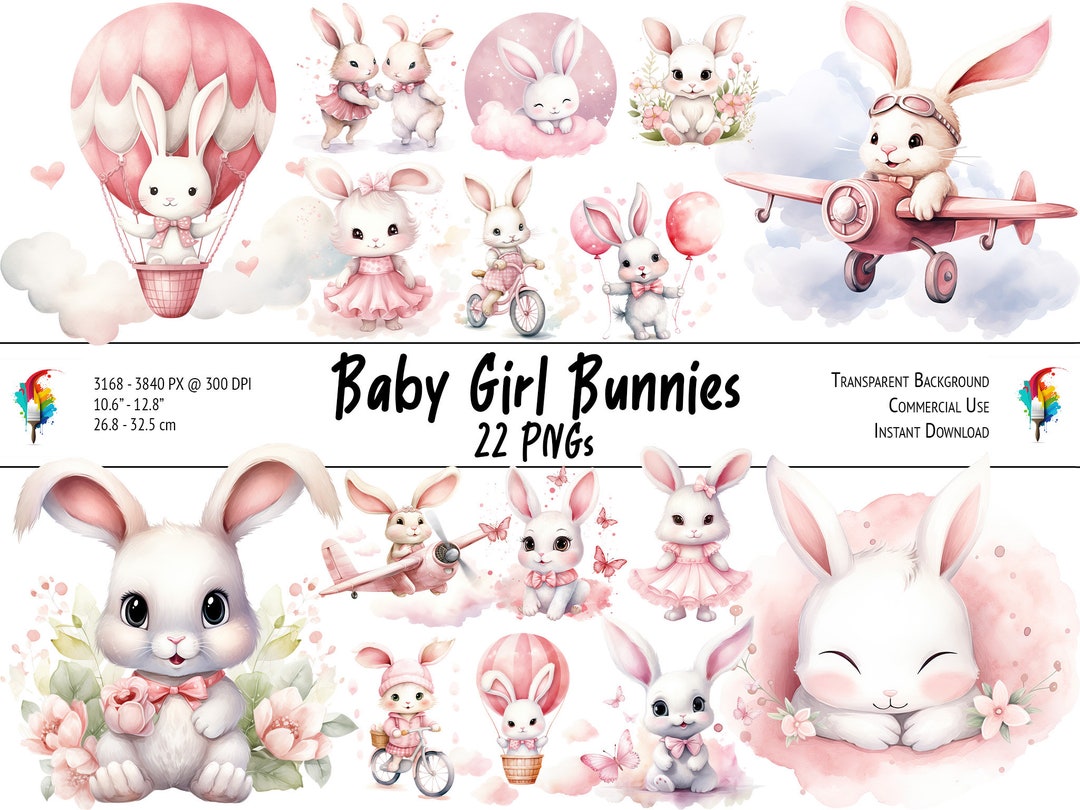 Watercolor Cute Bunnies Clipart Bundle, Baby Girl Rabbit Clipart, Baby ...