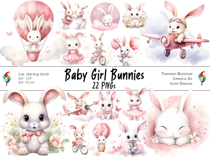 Watercolor Cute Bunnies Clipart Bundle, Baby Girl Rabbit Clipart, Baby ...