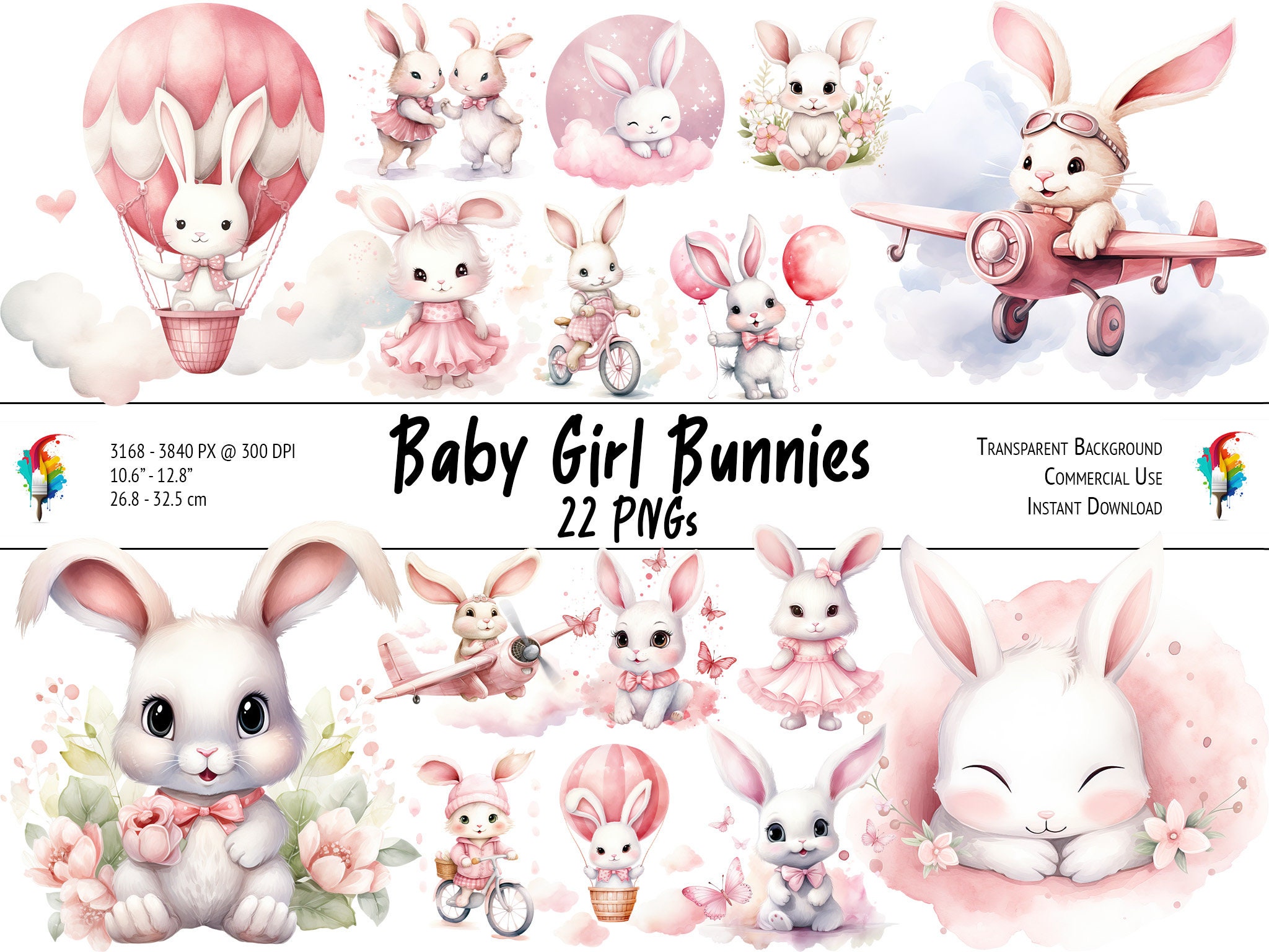 Watercolor Cute Bunnies Clipart Bundle, Baby Girl Rabbit Clipart, Baby ...