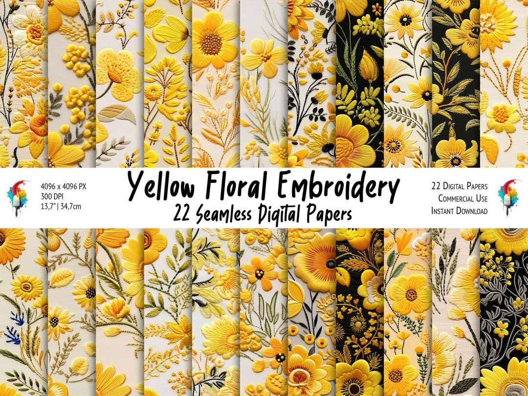 Yellow Floral Embroidery Seamless Pattern Bundle, Digital Paper, Faux ...