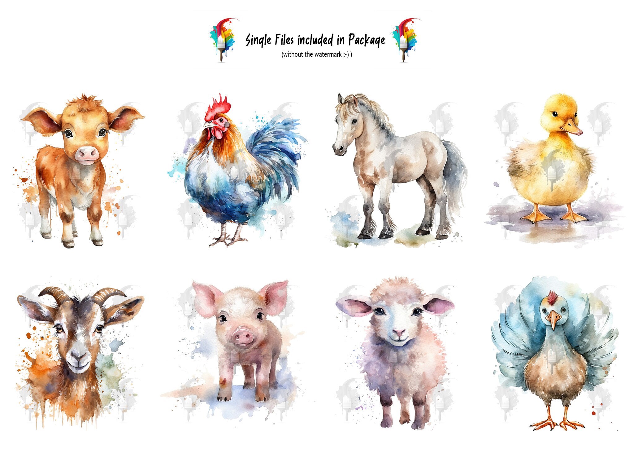 20 Farm Animals Clipart Bundle, Watercolor Clipart Bundle, Cute Animals ...