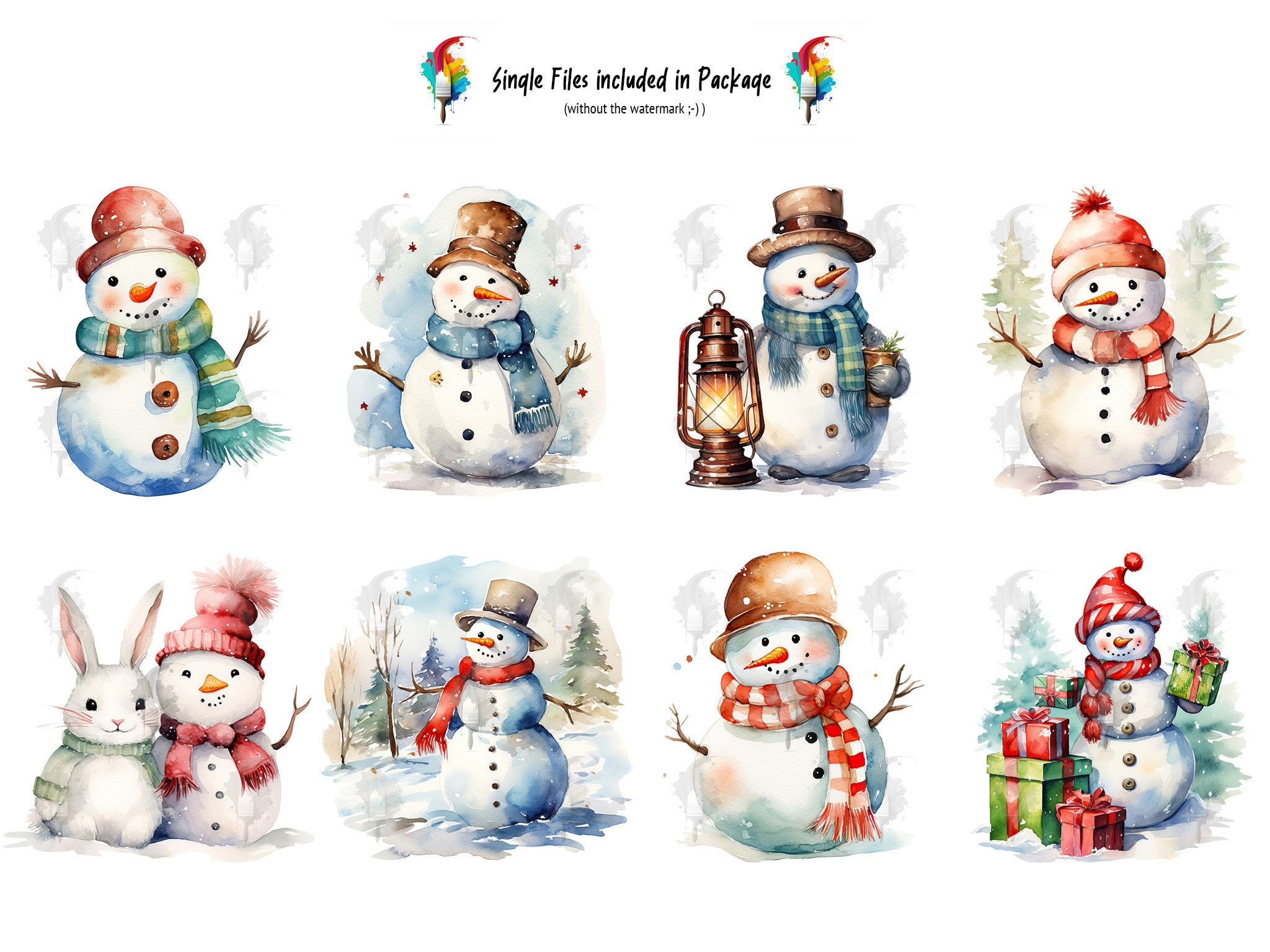 Cute Snowmen Clipart Bundle, Watercolor Snowman Graphics for Printing ...